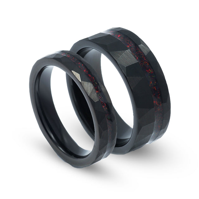 Eclipse Flame Ring Set – Crushed Black Fire Opal His and Hers Hammered ...